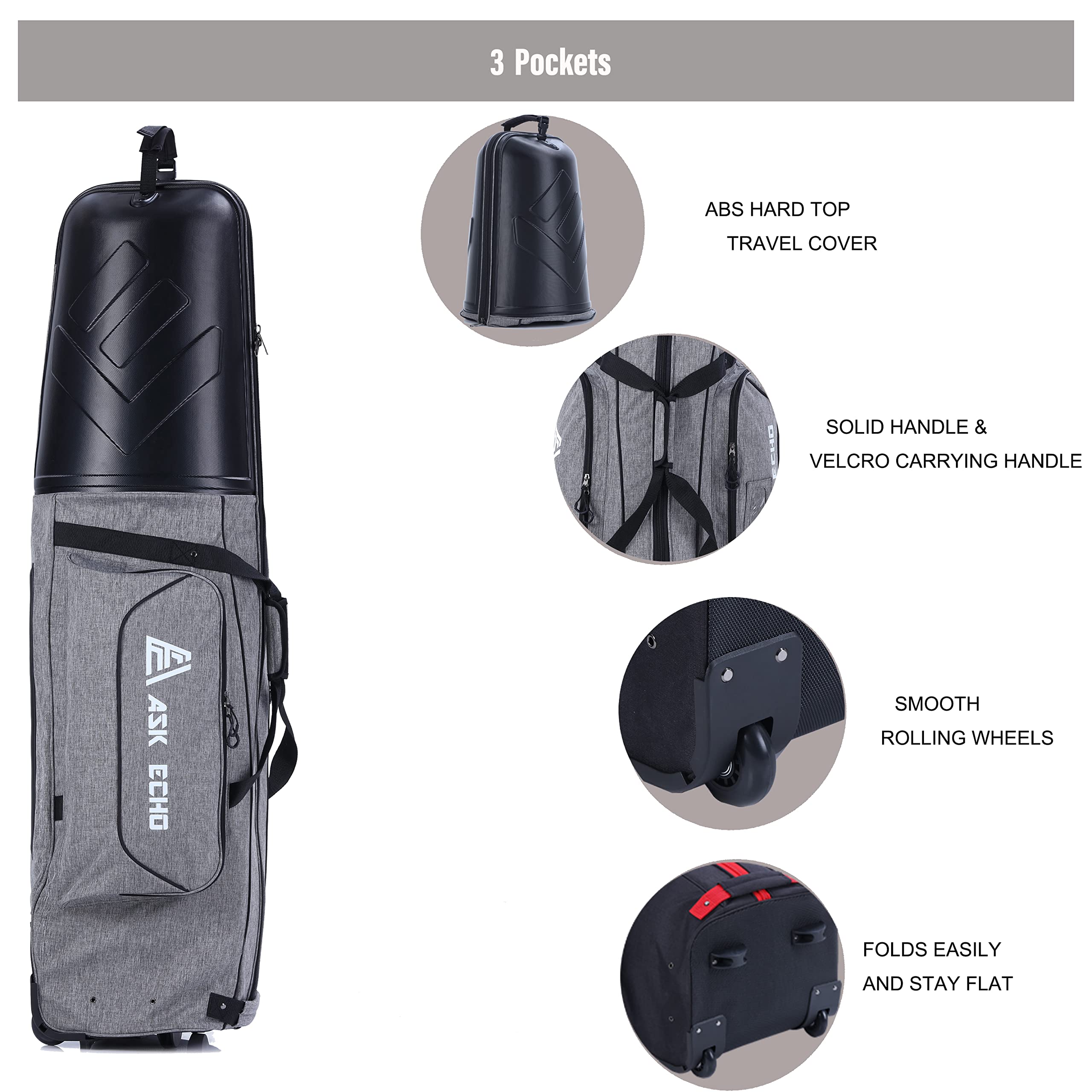ASK ECHO Golf Travel Cover for Golf Bag with ABS Hard Top, Protect Travel Bag, with Wheels (Grey)