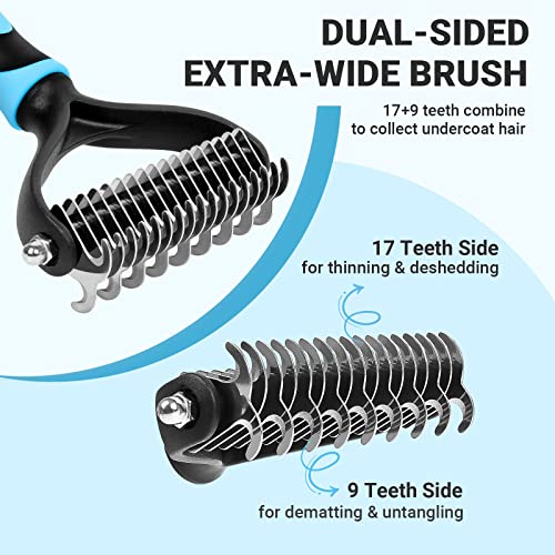 MIU COLOR Pet Grooming Brush, 2 Sided Undercoat Rake for Dogs & Cats, Professional Deshedding Brush and Dematting Tool, Effective Removing Knots, Mats, Tangles for Cats, Dogs, Extra Wide