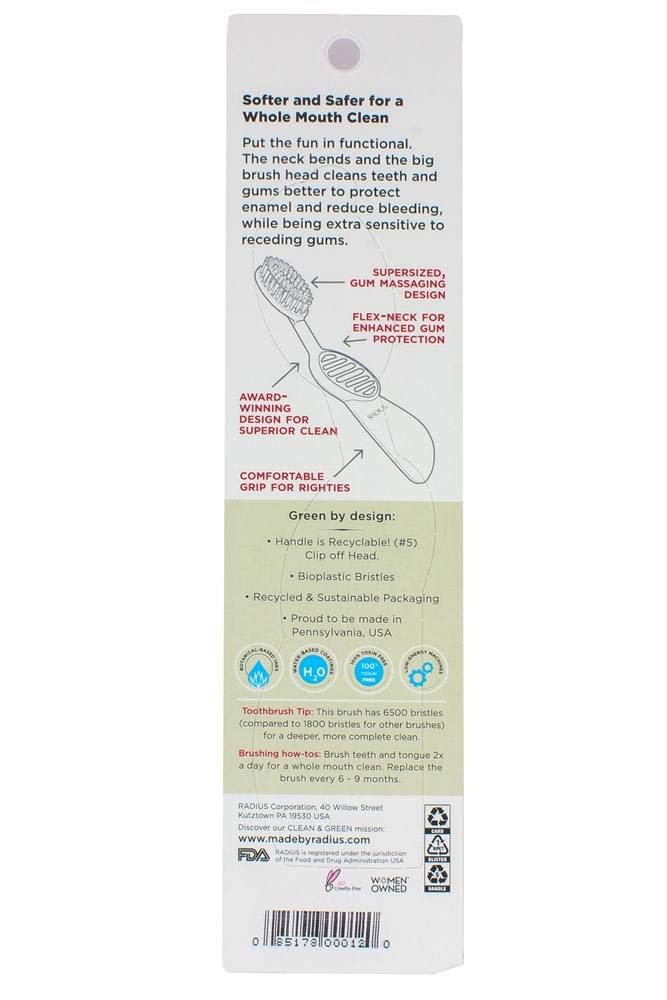 RADIUS - Scuba Right Hand Toothbrush, Soft Bristles, Flex-Neck Technology that Reduces Pressure on Teeth and Gums, Made with Sustainable Materials (Colors May Vary)