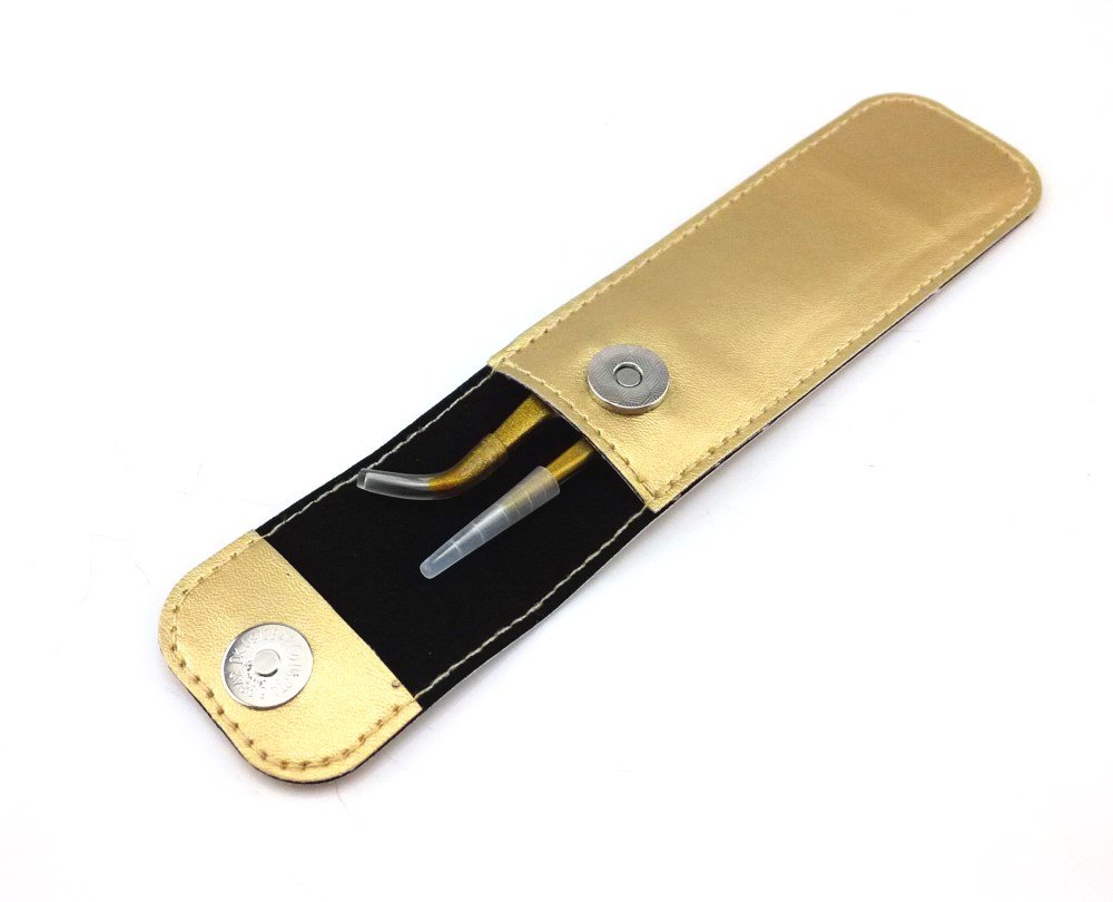yueton 2pcs Gold Color Coated Stainless Steel Straight and Curved Head Tweezers with Leather Case for Eyelash Extension