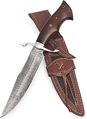 BIGCAT ROAR Handmade Damascus Hunting Knife - Bushcraft Fixed Blade Hunting Knife with Sheath and Walnut Wood Handle - 13.2″ EDC Skinning Knife - Cowboy