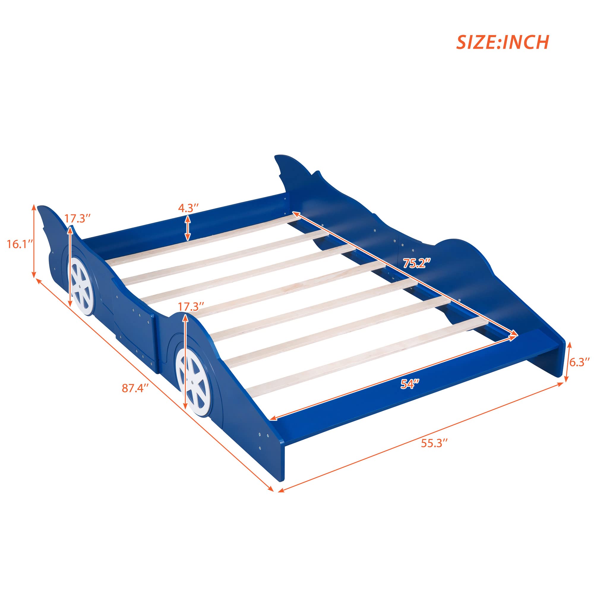 SOFTSEA Full Size Car-Shaped Platform Bed, Solid Wood Platform Bed with Wheels for Kids Boys Girls, No Box Spring Needed, Without Headboard, Blue
