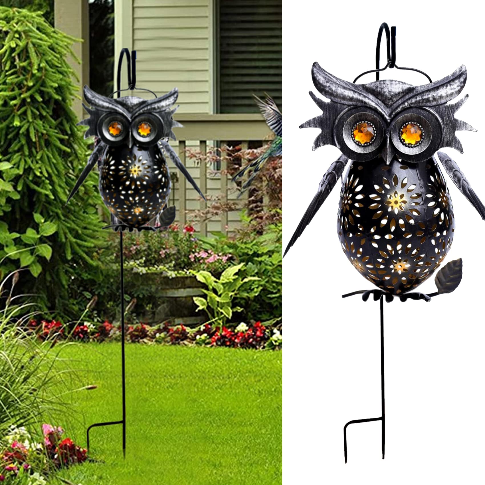 JCWH Owl Solar Light,owl Garden Decor,Pathway Outdoor Stake Metal Lights, with Hanging Waterproof Warm White Led for Lawn Patio Backyard Tree Patio