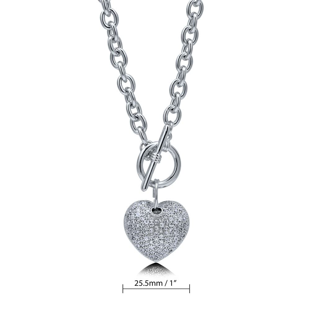 BERRICLE Heart Cubic Zirconia CZ Anniversary Toggle Pendant Necklace for Women, Silver-Tone