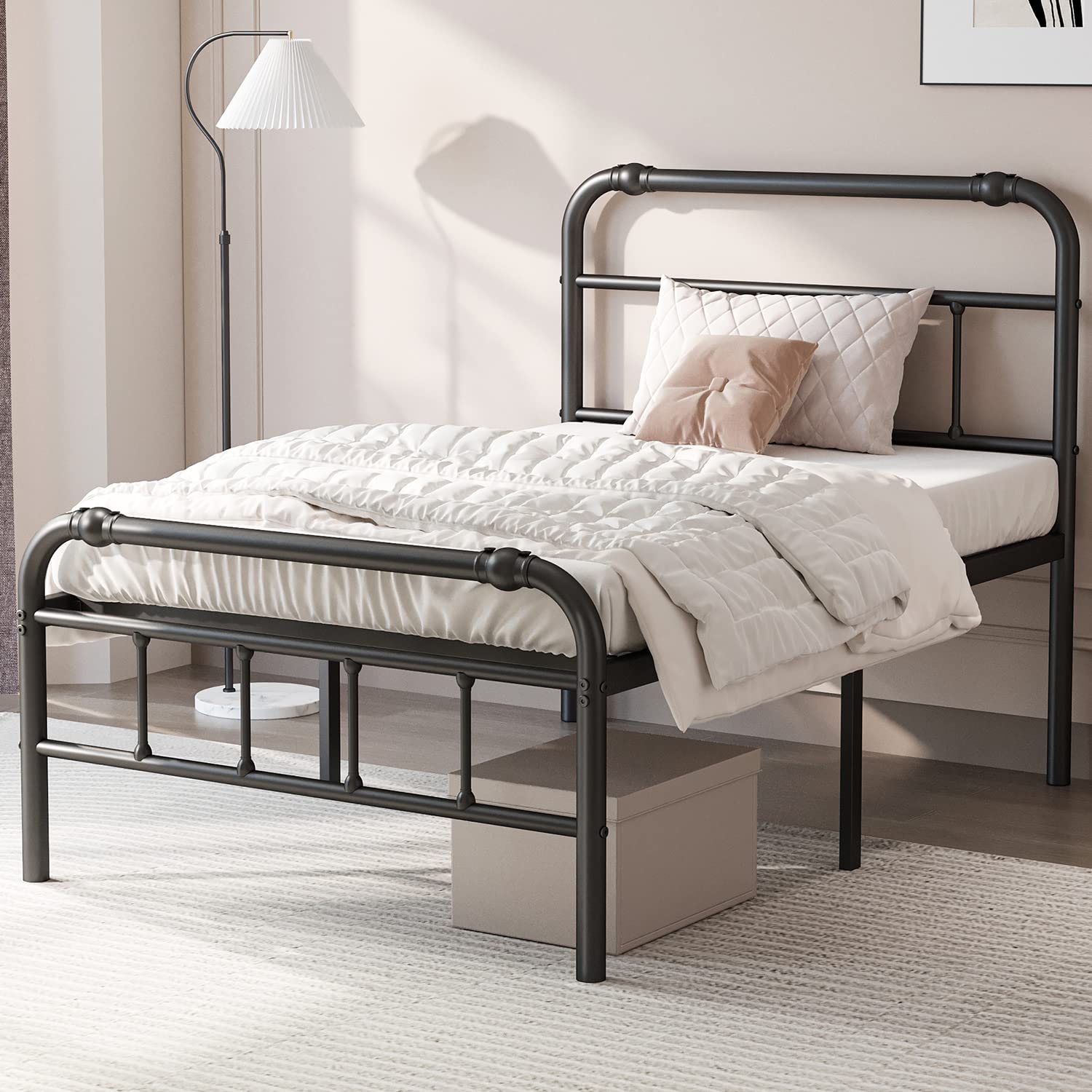 Bedella Queen Size Bed Frame with Headboard and Footboard, 18 Inches High, Heavy Duty 3500lbs Steel Slats Support, Easy to Assemble, Noise Free, No Box Sprig Needed, Black