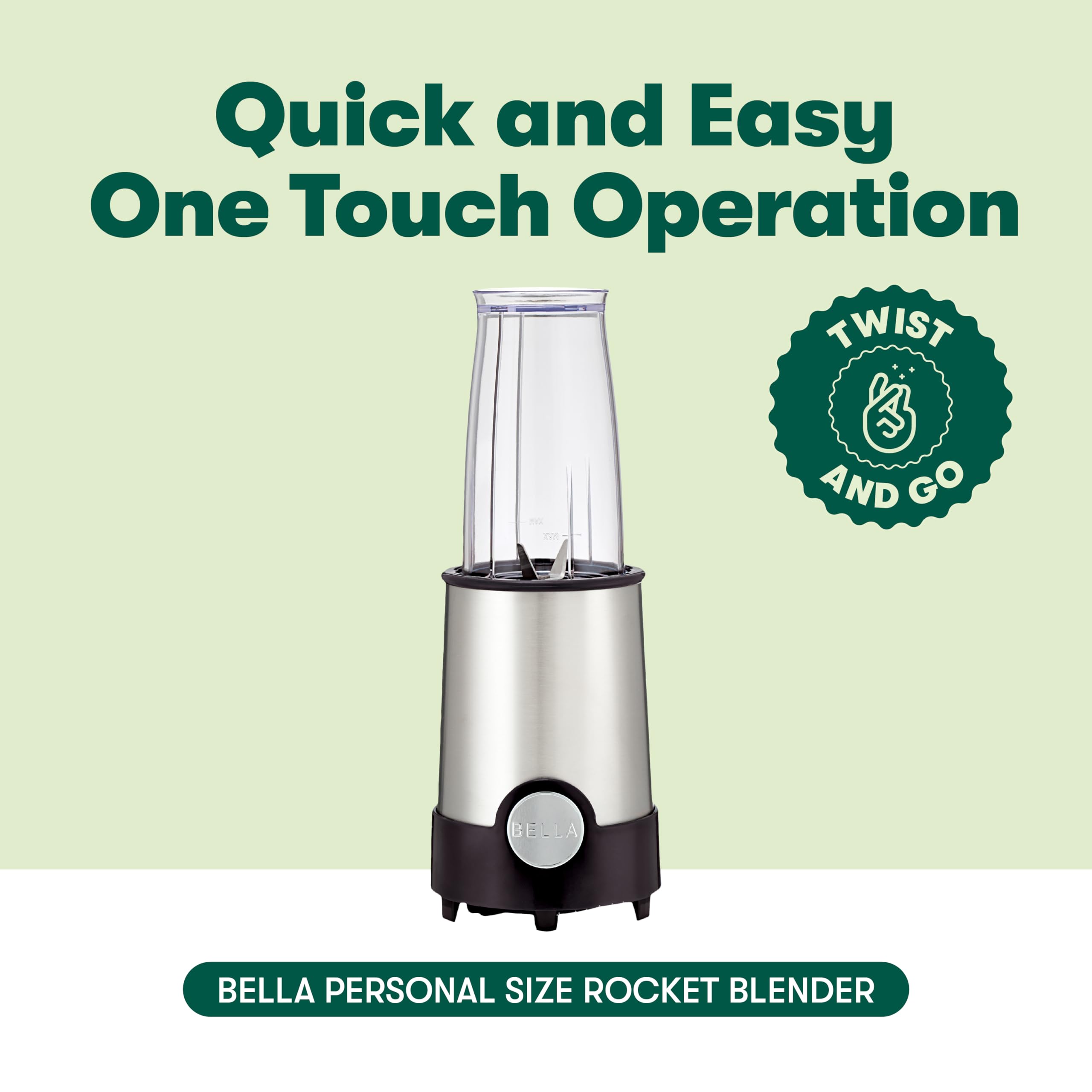 BELLA Personal Size Rocket Blender, Perfect for Smoothies, Shakes & Healthy Drinks, Easy Grinding, Chopping & Food Prep, 285 Watt Power Base, 12 Piece Blending Set, Stainless Steel/Black