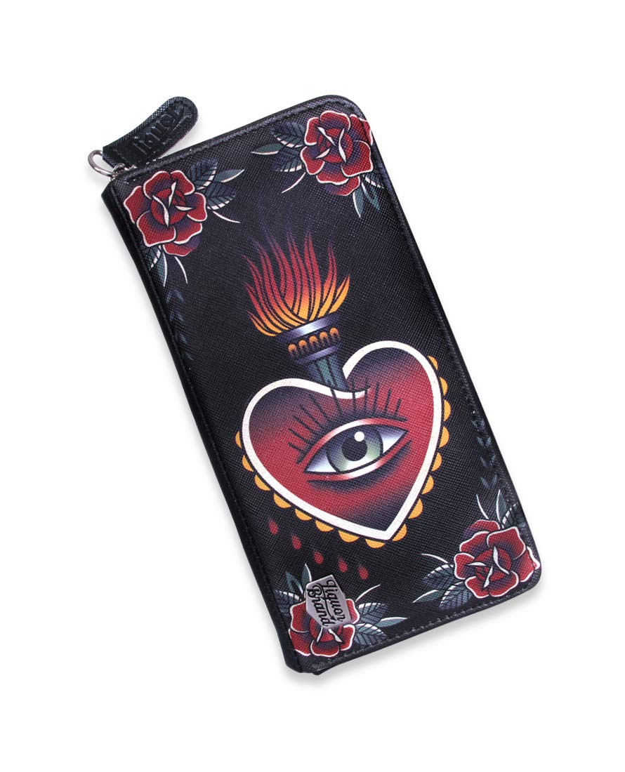 Liquorbrand Innervision Women's Zip Around Clutch Wallet Eye Heart Flower Rockabilly