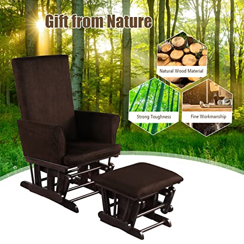 Premium Comfort Practical Rocking Chair Solid Wood Construction, Incredibly Smooth Quiet Gliding Baby Nursery Relax Chair Glider Ottoman Set with Cushion Brown