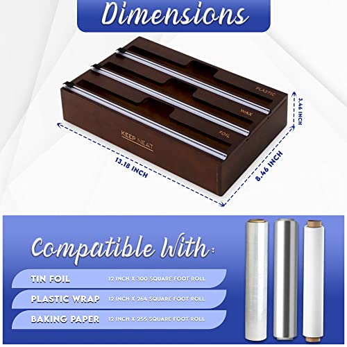 KEEP NEAT Foil and Plastic Wrap Dispenser 3 in 1 Wrap Organizer with labeled slots, Dark Brown