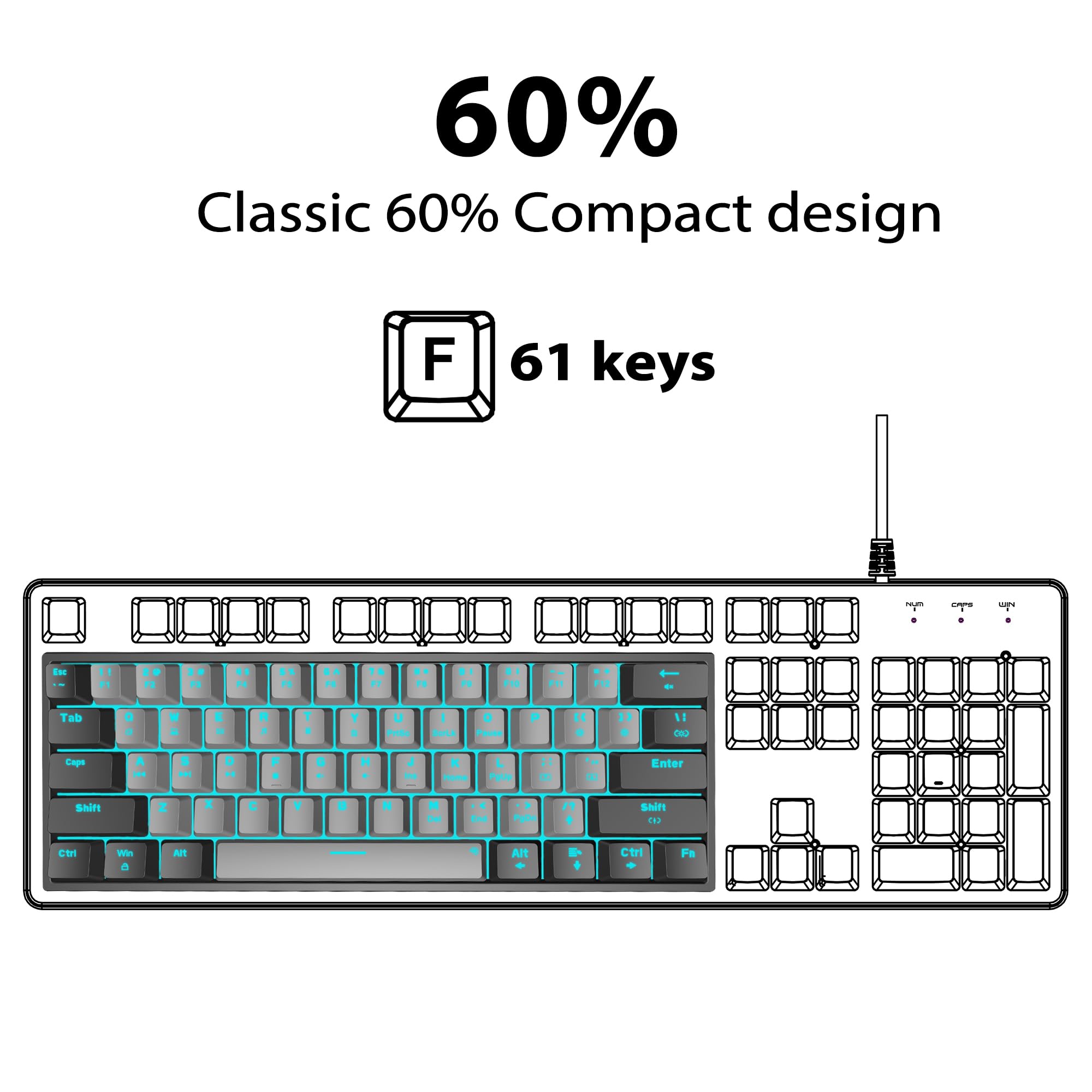 Snpurdiri 60 Percent Mechanical Gaming Keyboard, Blue Switch Anti-Ghosting 61 Key LED Rainbow Backlit Keyboard, Mini Portable Quick Response Keyboard for Laptop PC Gamer, Black