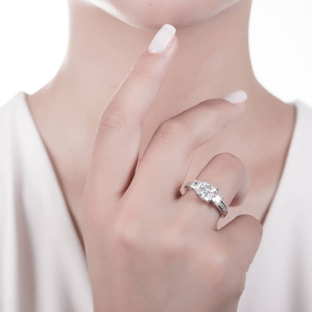 BERRICLE Sterling Silver 3-Stone Wedding Engagement Rings Princess Cut Cubic Zirconia CZ Ring for Women, Rhodium Plated Size 7.5