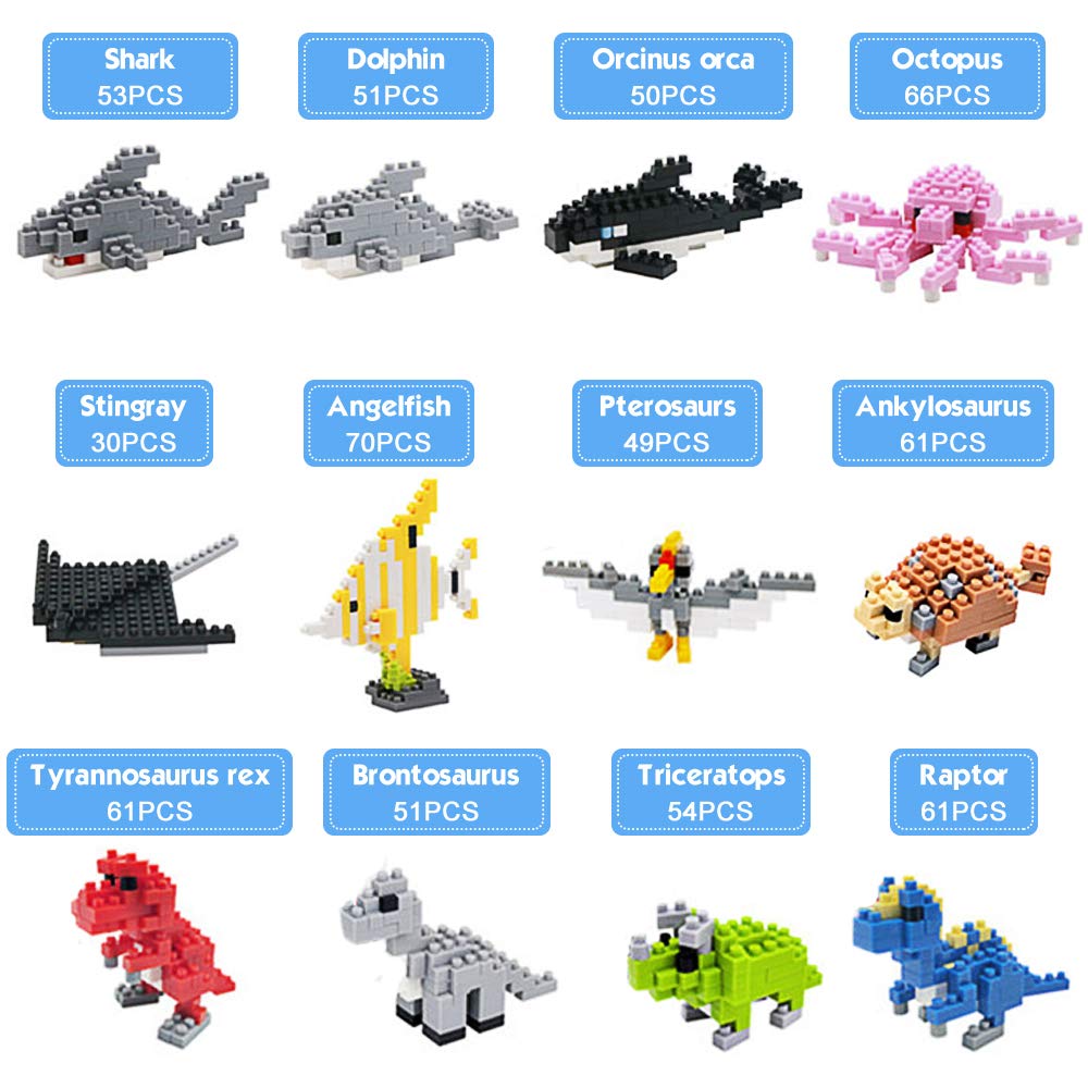 Jellydog Toy Mini Building Blocks, 12 in 1 Dinosaurs Blocks, Ocean Building Sets,Party Favors for Kids, Assorted Mini Animals Building Blocks Sets for Goodie Bags,Prize,Cake Topper…