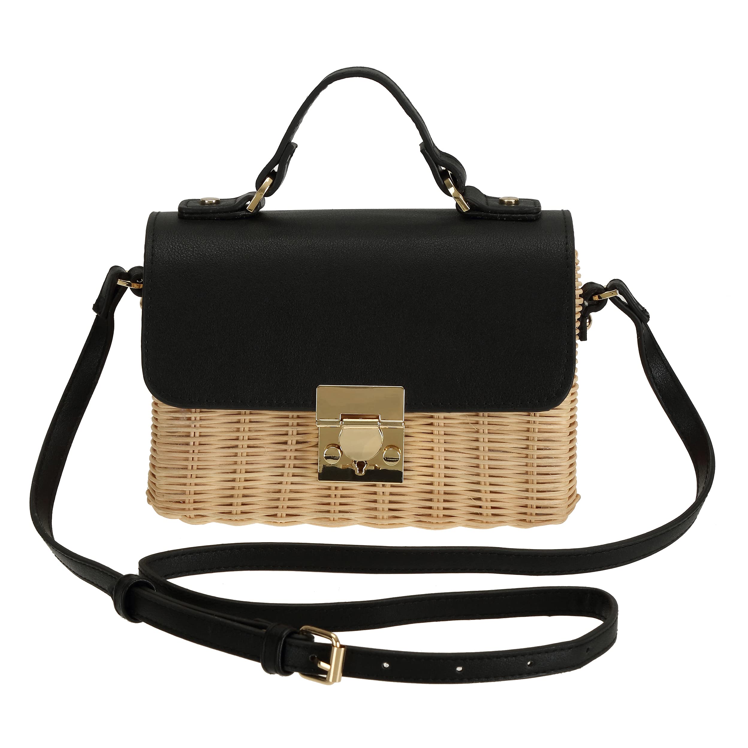 So'each Women's Handbag Wicker Square Rattan Bamboo Bag Woven Crossbody Bag Black