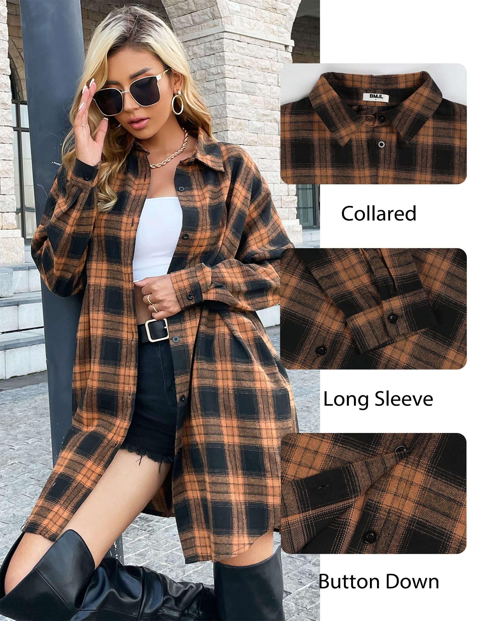BMJL Womens Button Down Flannel Shirts Oversized Buffalo Plaid Shacket Long Sleeve Shirt Dress Long Jacket Coat Fall Tops fashion 2023(Brown, M)