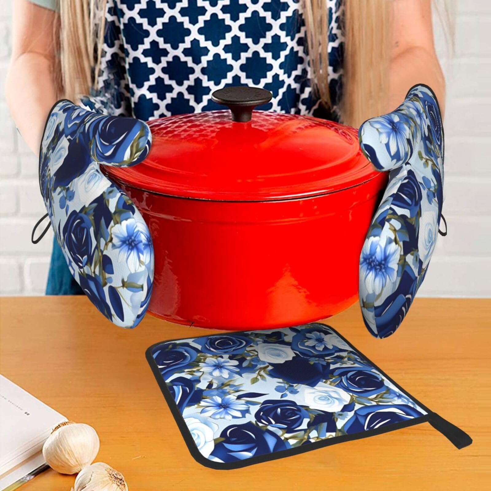 Blue Flower Floral Pattern Roses Oven Mitts and Pot Holders Set–Ultimate Heat Resistant Set for Kitchen and Dining
