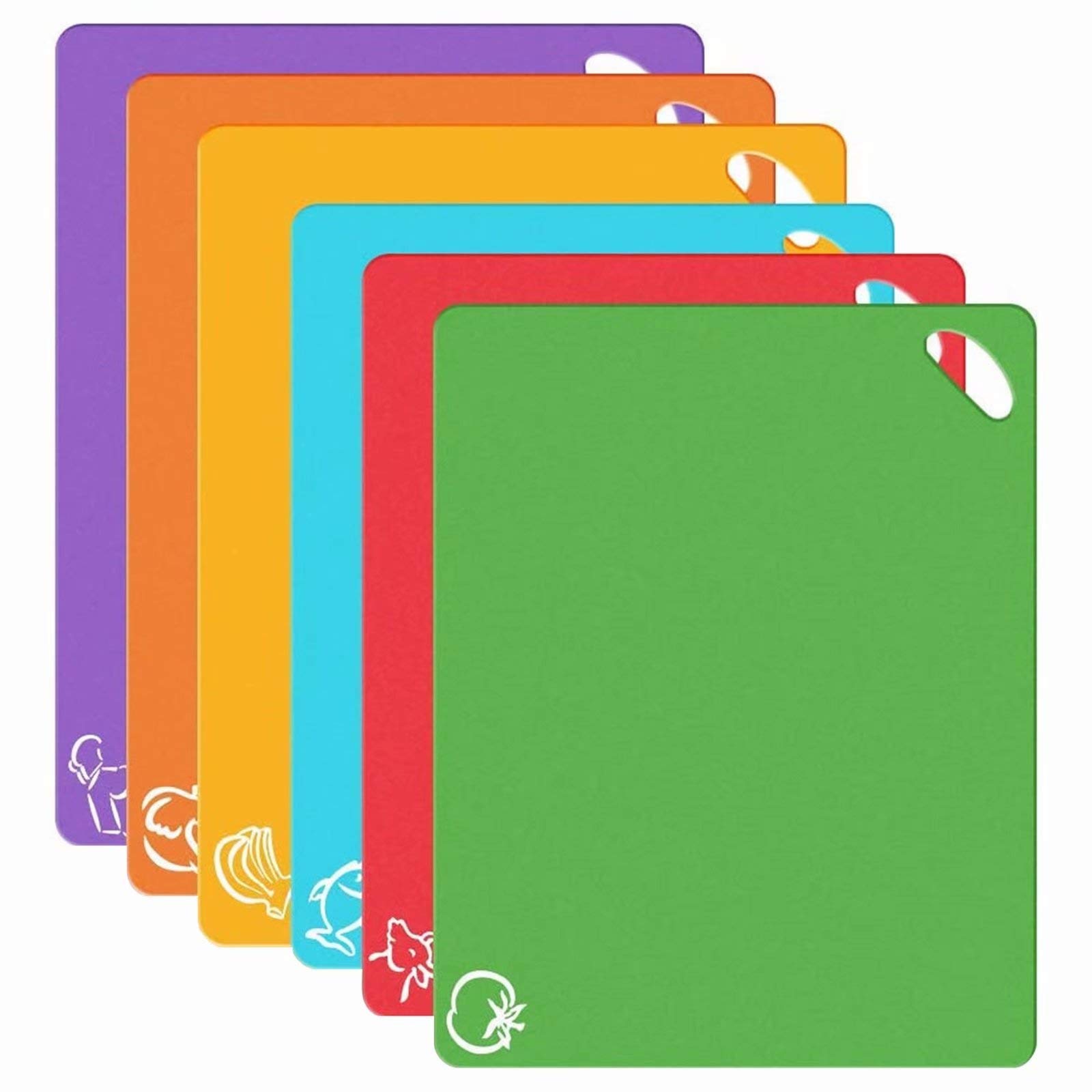 Bedoo, Extra Thick Flexible Plastic Kitchen Cutting Board, Set of 6 Mats With Food Icons & Easy-Grip Handles, BPA-Free, 12 x 15in, 6 colors set