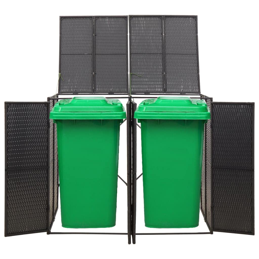 vidaXL Poly Rattan Double Wheelie Bin Shed - Durable, Weather Resistant, Easy Access Lid, Lockable Front Door - Garden Accessory, Black