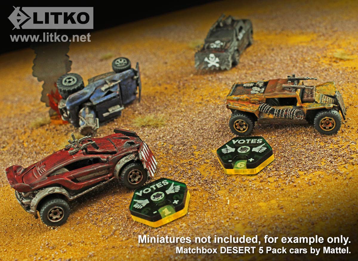 LITKO Gaslands Miniatures Game Dials | Compatible with Gaslands | Refulled | Gear | Ammo | Vote | Hazard | 2 Pack (Translucent Green & Fluorescent Yellow -Vote)