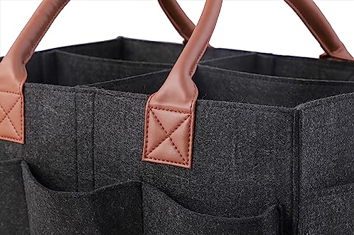 Mysa Felt Baby Diaper Caddy Car Organizer with Vegan Leather Handle for Diapers and Baby Wipes For Changing Table Nursery Storage Bin Basket, Baby Shower Gift Suitable For Indoor Outdoor (BLACK)