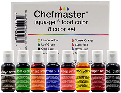 Chefmaster - Liqua-Gel Food Coloring - Fade Resistant Food Coloring - 8 Pack - Vibrant, Eye-Catching Colors, Easy-To-Blend Formula, Fade-Resistant - Made in the USA