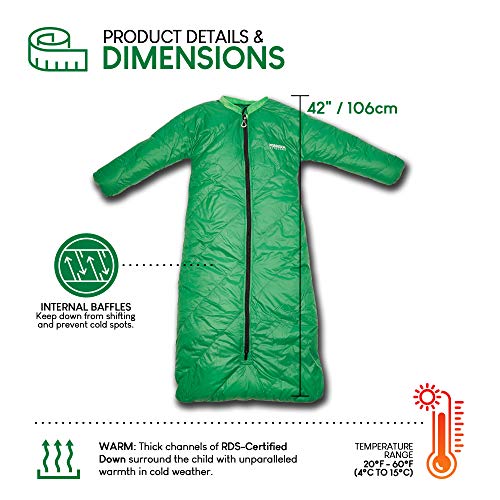 Big Mo 20 Kids Sleeping Bag (Ages 2-4), Moss Green, The Lightest, Warmest Down Camping Sleeping Bag for Kids Age 2-4 Years Old. 100% RDS-Certified Down for Max Warmth and Minimal Weight.