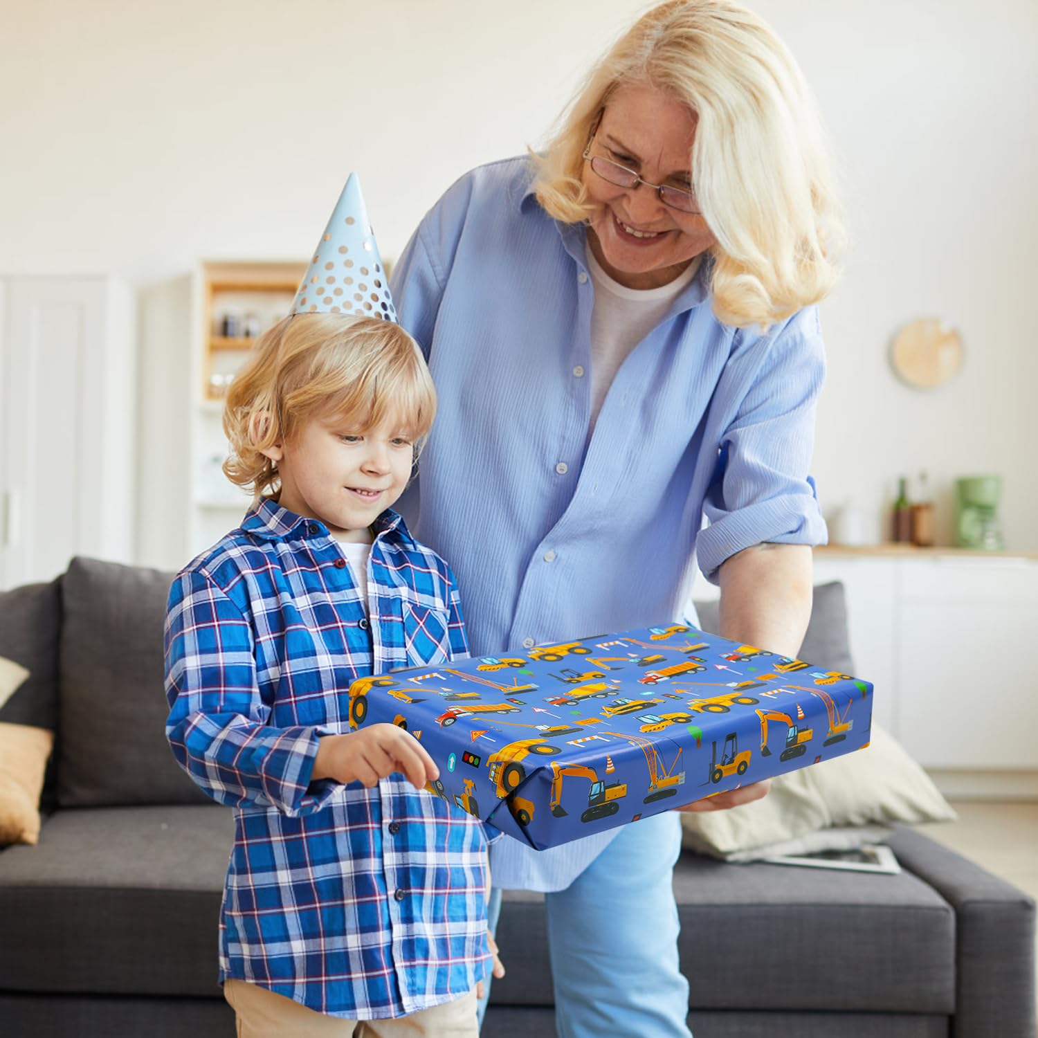 Birthday Wrapping Paper Construction Design 6 Sheets,Road Under Construction Excavator Tractor Dump Truck Wrapping Paper for Kids Boys,Folded Flat 20x28 inches per Sheet for Birthday Baby Showers