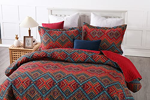 Yvooxny Quilt Set Queen Size Bedspread Bohemian Style Lightweight Cotton Quilted Coverlet Bedding Set for All Seasons, Boho Red Jacquard Pattern, 90 * 98 Inches