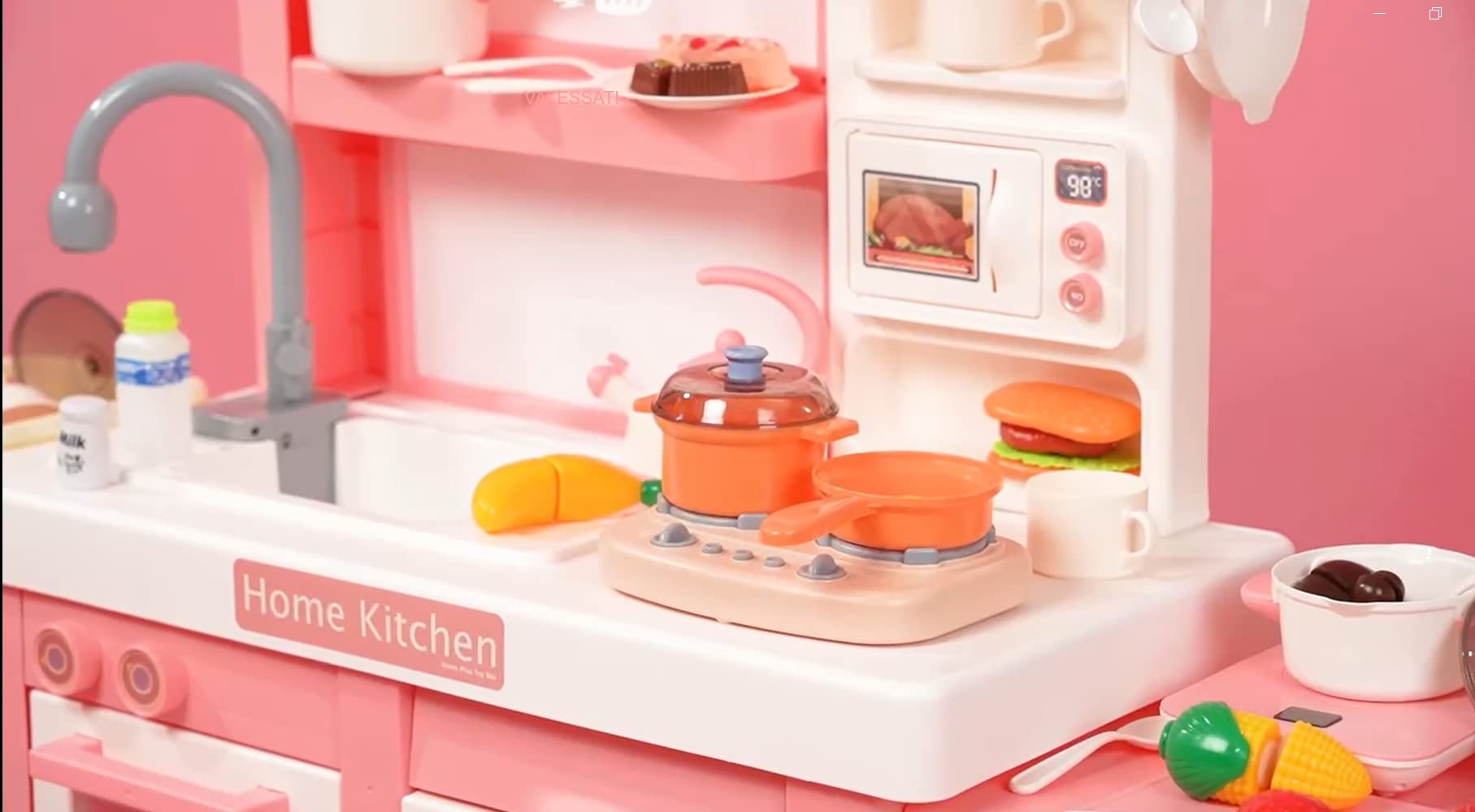 Big Modern Kitchen Set for Kids 49 pcs Pretend Play Cook with Sink, Light, Sound, Cutting Food, steam and Water Features, by VALESSATI