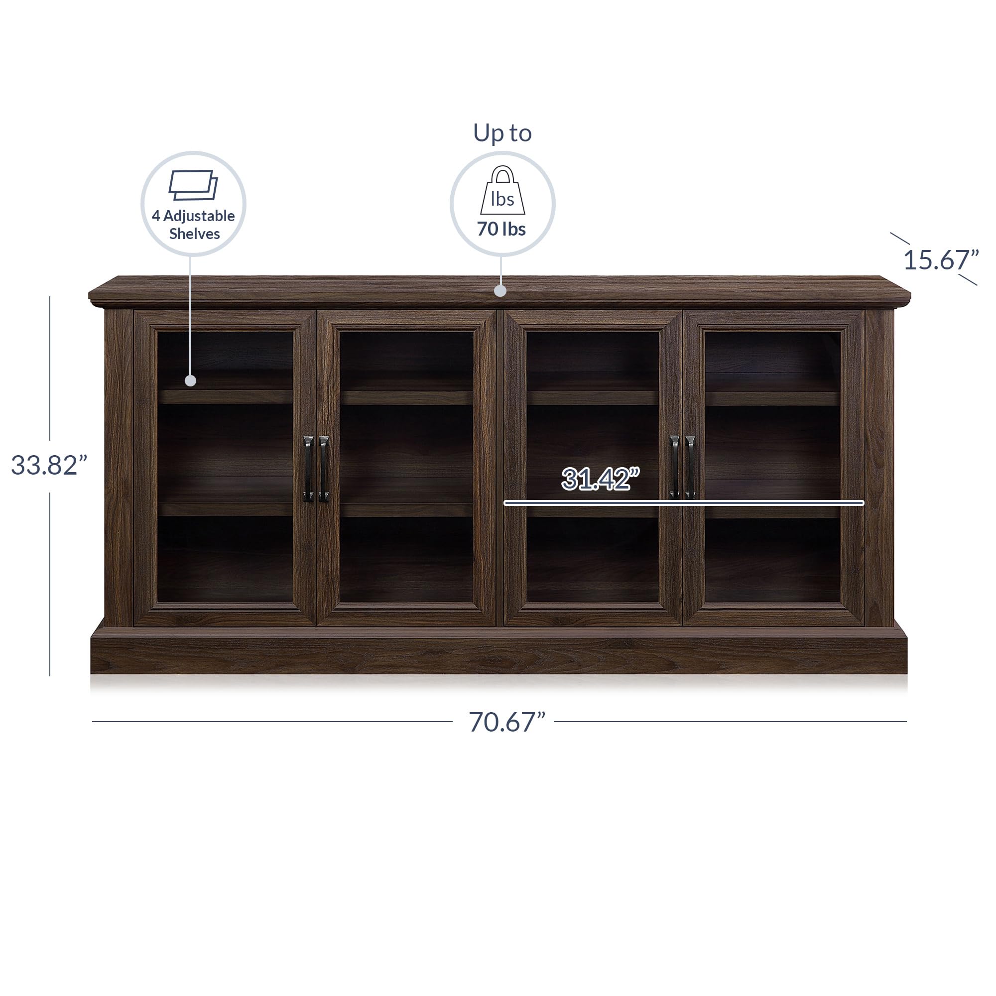 BELLEZE 70 Inch Sideboard Buffet Cabinet, Entertainment Center with Storage, Glass Display Cabinet with Adjustable Shelves Console Table Storage Cabinet for Living Room, Dining Room, Dark Walnut