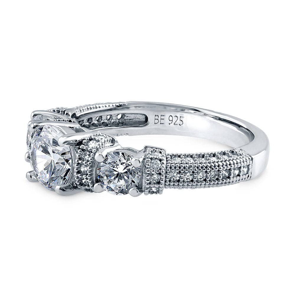 BERRICLE Sterling Silver 3-Stone Wedding Engagement Rings Round Cubic Zirconia CZ Art Deco Promise Ring for Women, Rhodium Plated Size 9