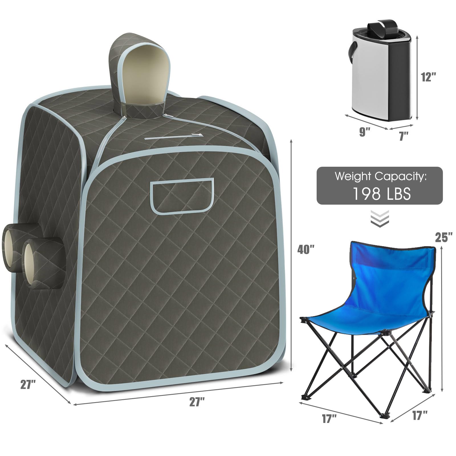 COSTWAY Portable Steam Sauna, Remote Control, 3L Steamer, Foldable Sauna Spa with 9 Temperature and 90 Mins Timer, Atomization, Personal Sauna Hat Tent for Detox Relaxation (Grey)