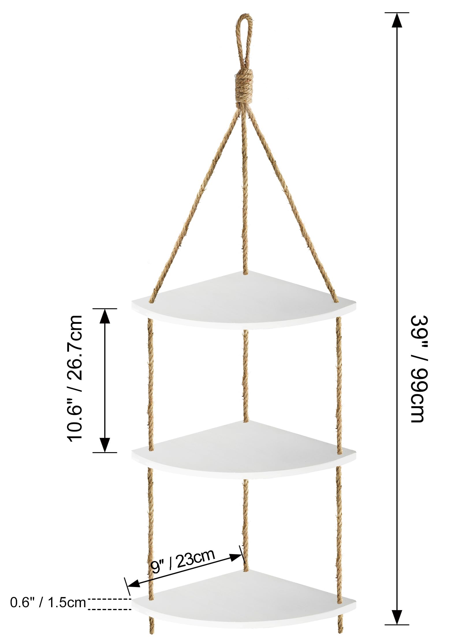 Tirzah 3-Tier Hanging Wall Corner Shelf with Rope, 9 inches White Real Wood Circular Sector Floating Shelf for Home Decor, Kitchen Organizer