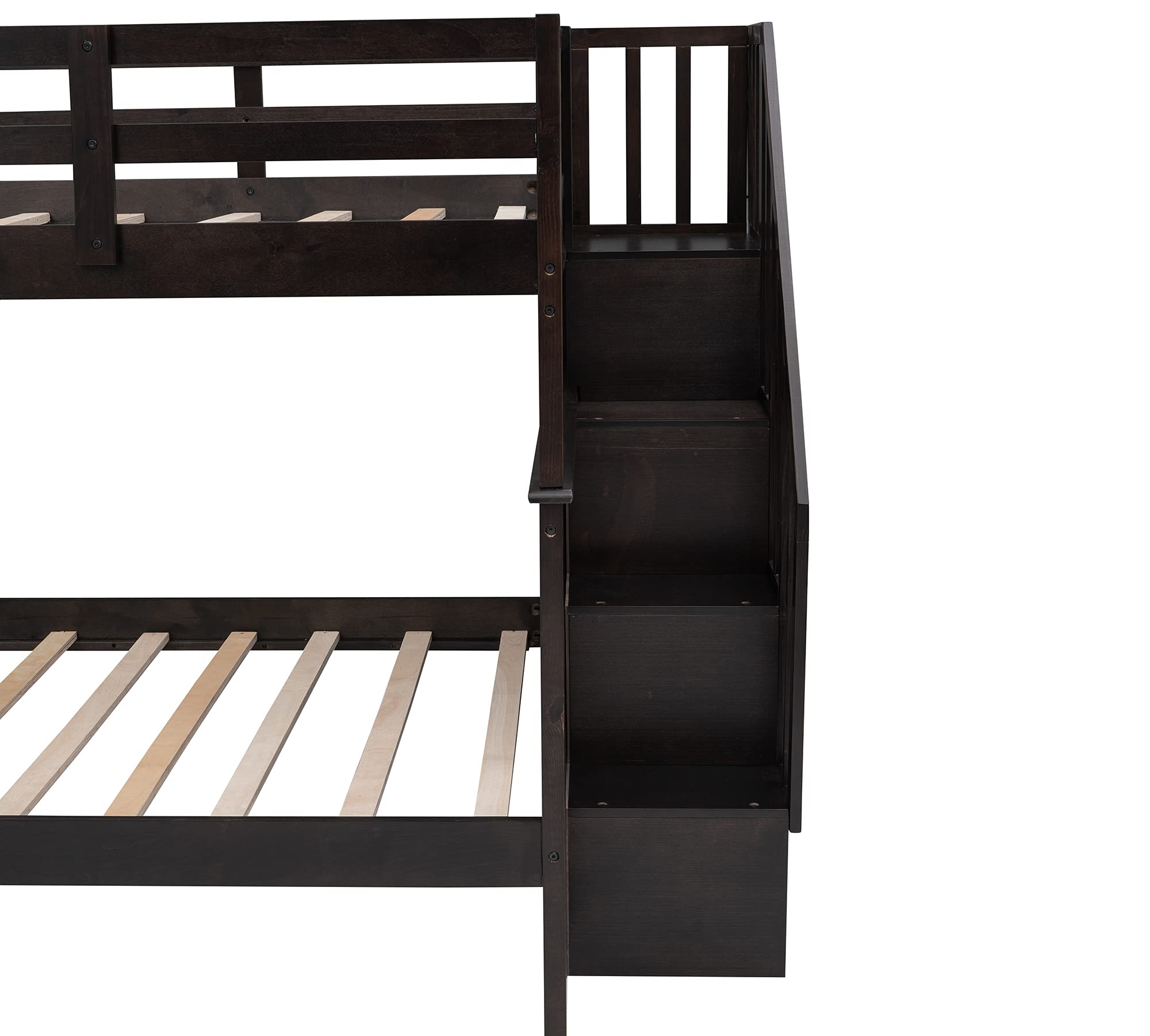 Harper & Bright Designs Full Over Full Bunk Bed with Stairs, Solid Wood Bunk Bed with Storage and Guardrail for Kids Teens Adults (Espresso)