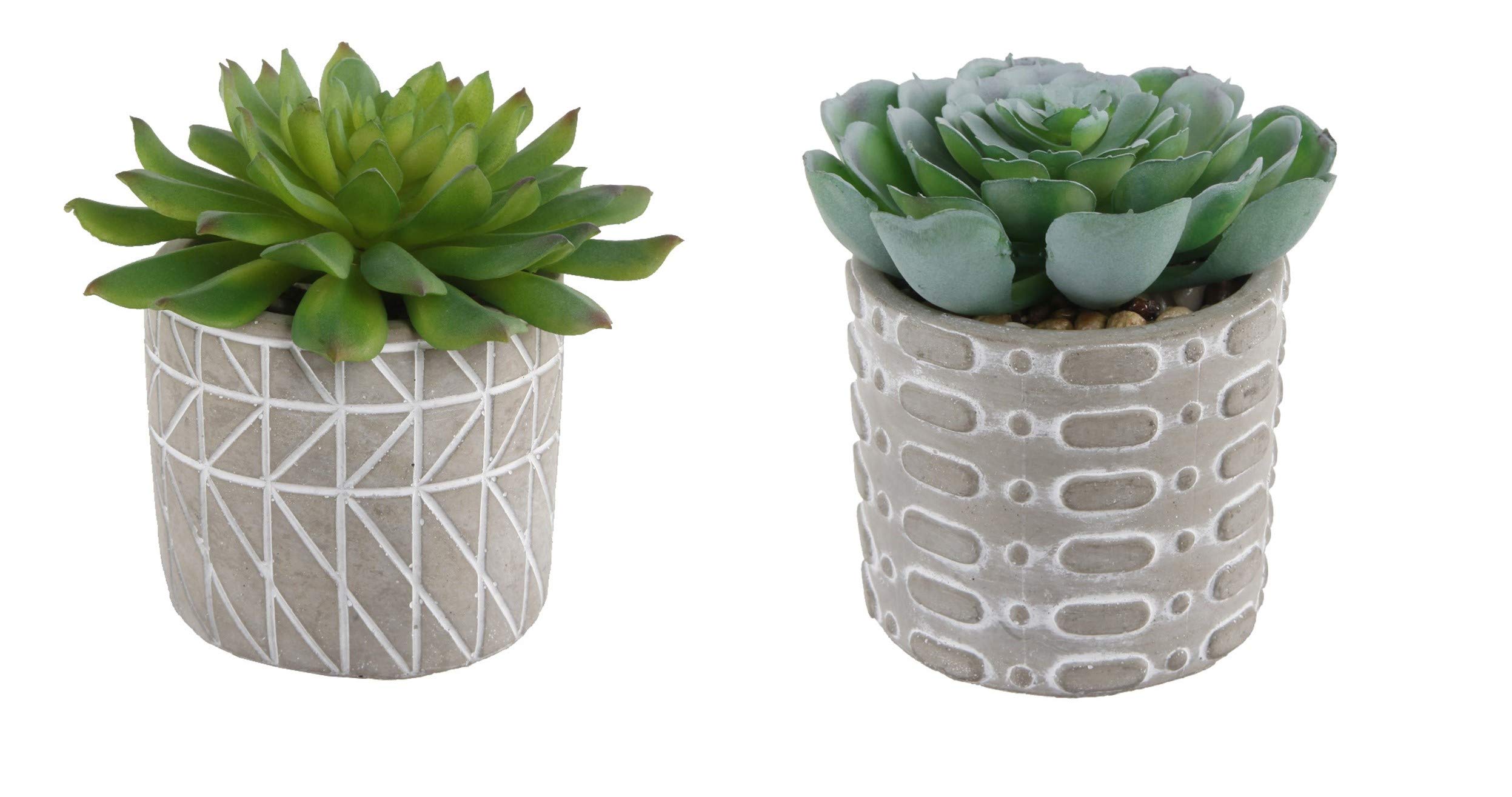 Flora Bunda Mid Century Artificial Plants Cactus Set of 2 Fake Succulent in 3" Cement Diamond line Pot Grey Planter, Potted Plants, for Home Office Decorations