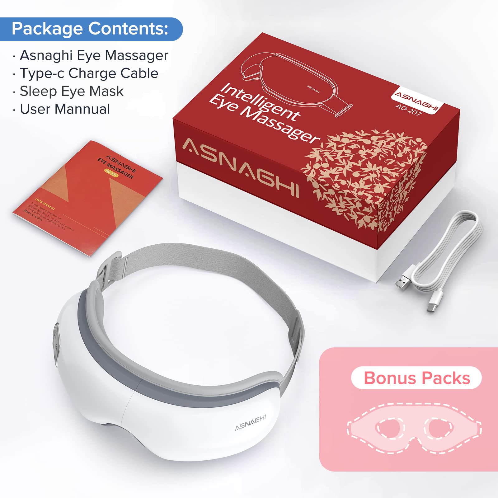 Asnaghi Heated Eye Massager, Mother's Day Gift Birthday Gift Bluetooth Music Heated Eye Mask Massager for Migraines (White)