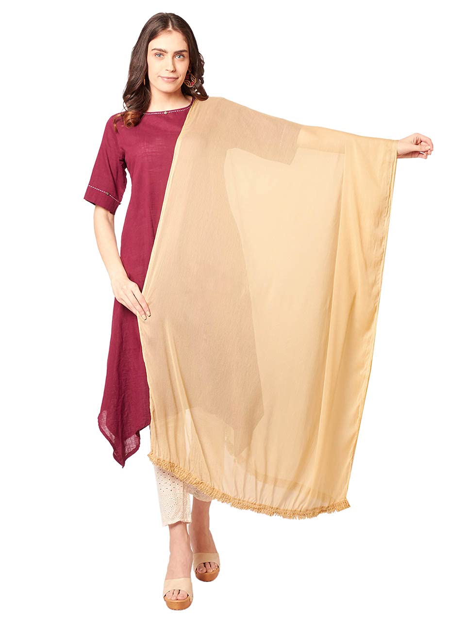 DUPATTA BAZAAR Woman's Beige Chiffon Dupatta