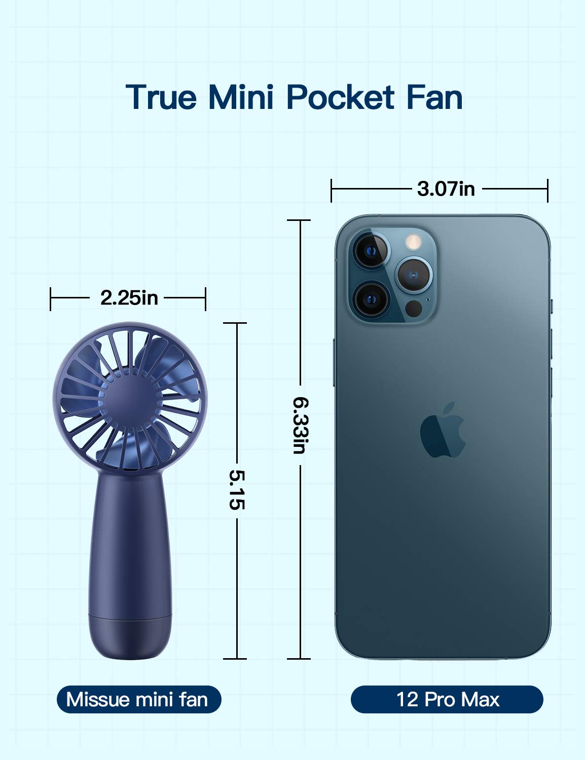 MISSUE Mini Handheld Fan, Portable Battery Operated Fan with Lanyard, Personal Pocket Fan with 3000mAh Rechargeable Battery, 5-10 Hrs Running Time, Navy Blue