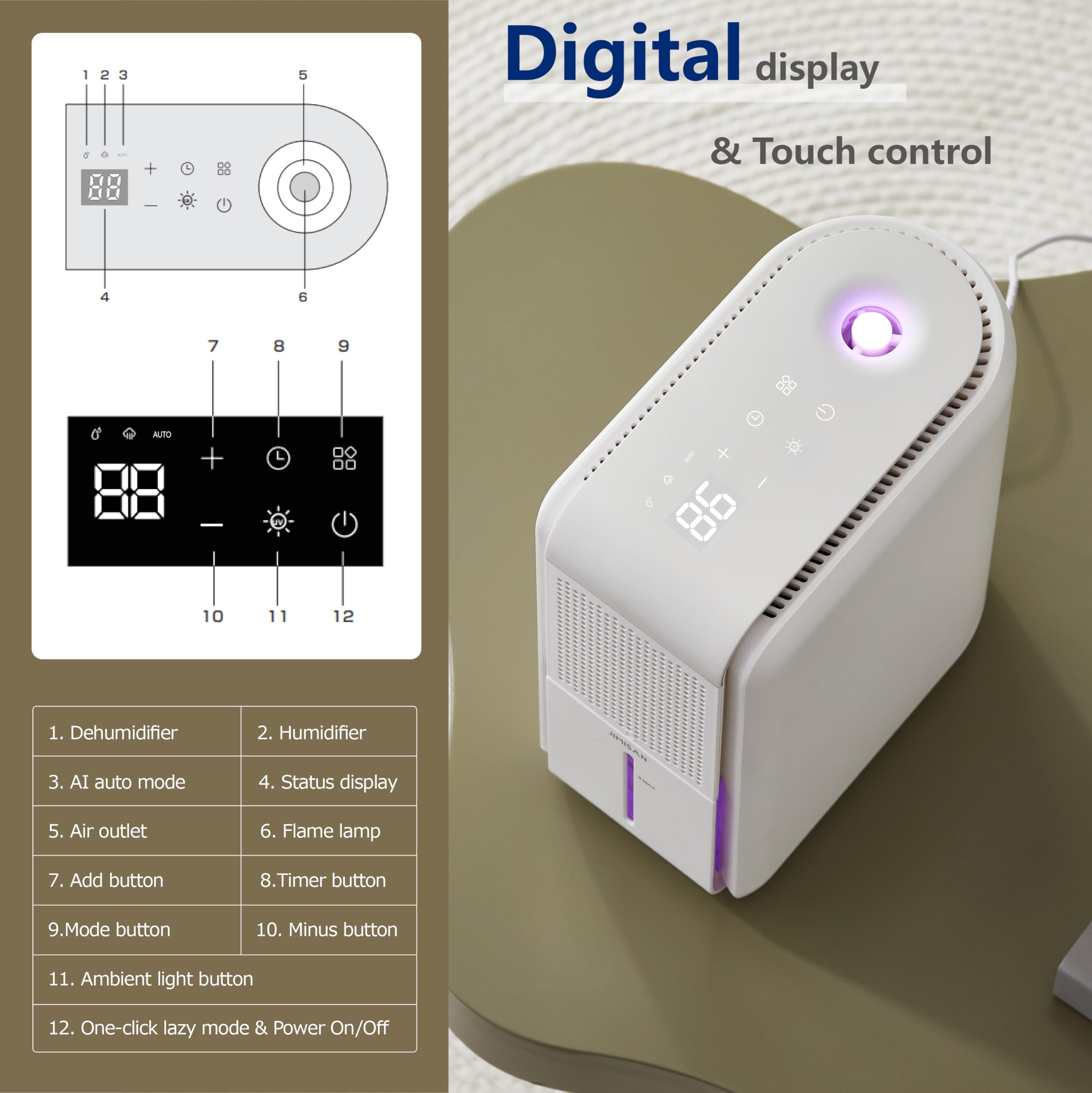 DINZAN 3 In 1 Humidifier Dehumidifier Combo With Air Filtration, Humidifiers Dehumidifier For Home Bedroom With Drain Hose Humidity and Temperature Display,5 Modes,7 Color LED Lights,Timer Set