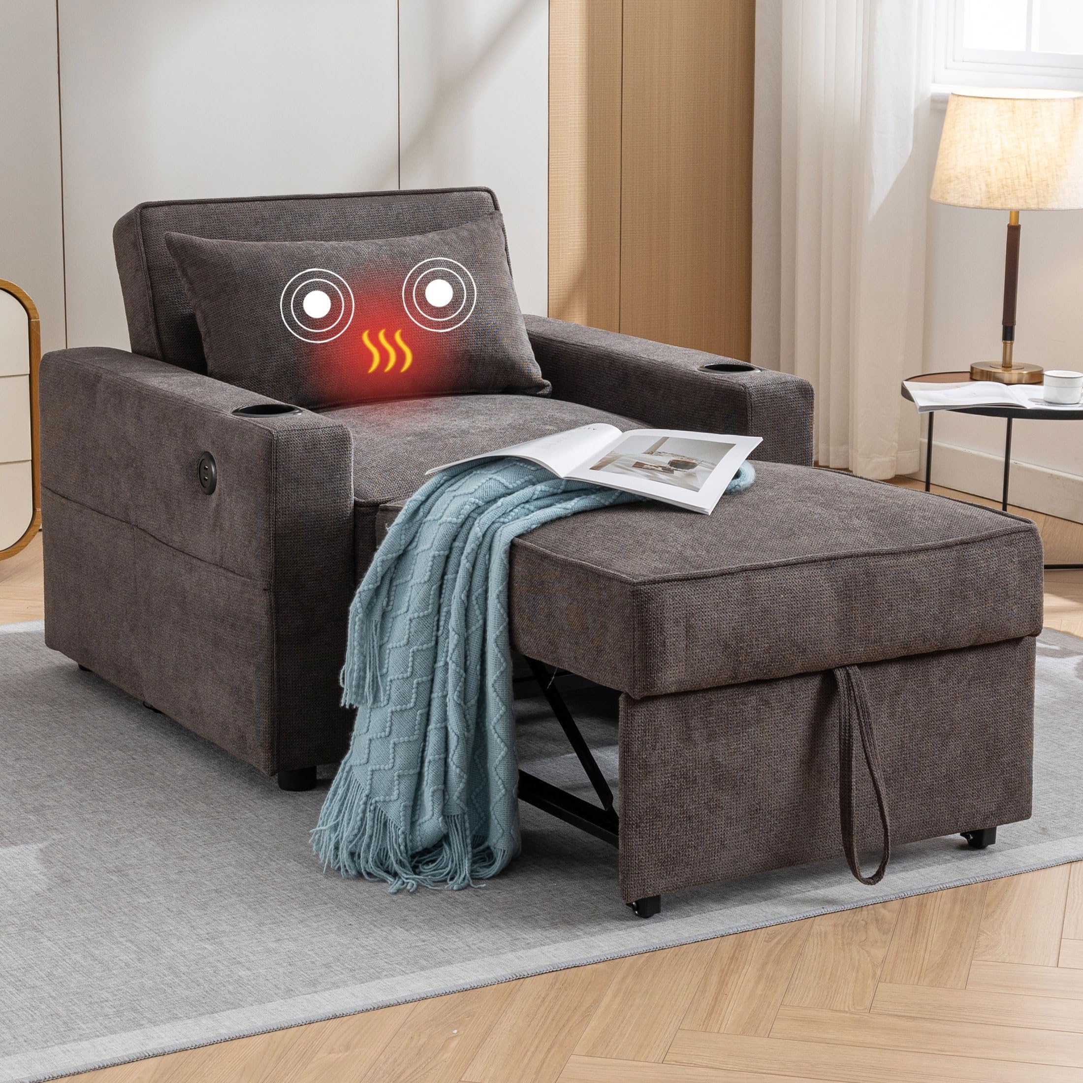BOSMILLER Convertible Sofa Bed, 3-in-1 Pull-Out Sleeper Sofa, Adjust Backrest Futon Couch with Massage Heating Pillow, USB, Side Pocket, Cup Holder, for Living Room/Office/Small Apartment