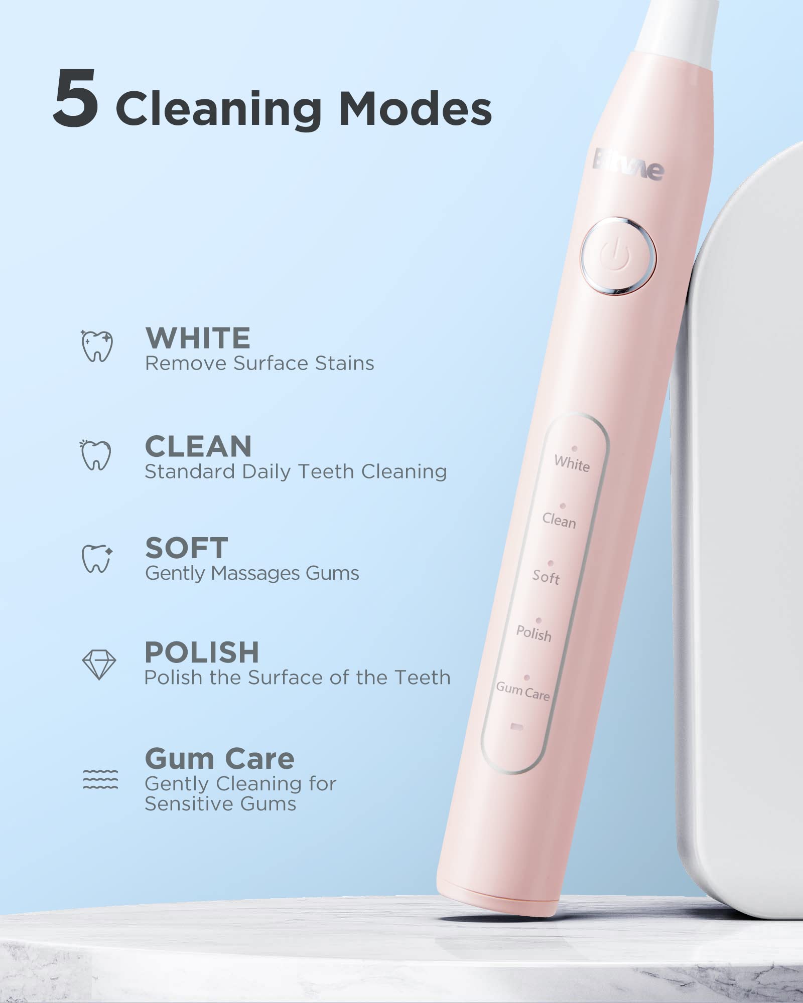 Bitvae Sonic Electric Toothbrush Electronic Toothbrush for Adults with 8 &4 Brush Heads, Travel Rechargeable Power Toothrush for 30 Days Using, Ultrasonic Toothbrush with 5 Modes and Timer (Pink)