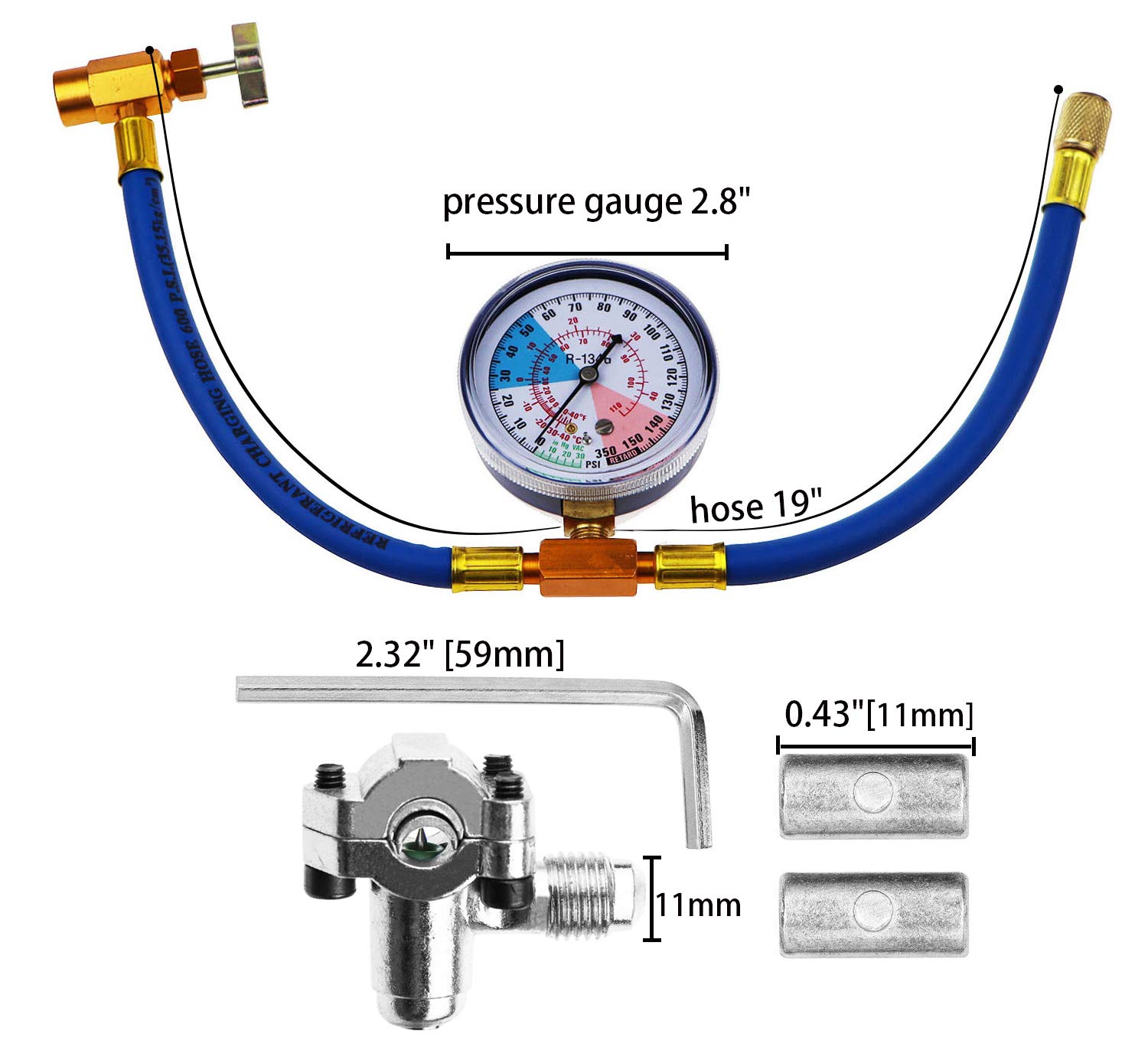 BPV31 Piercing Valve for Bullet with R134a Refrigerant Charging Hose,Refrigerant Can Tap with Gauge, R134a can to R-12/R-22 port
