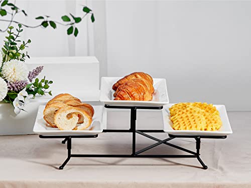 ONEMORE 3 Tier Serving Tray - Collapsible Tiered Stand and Ceramic Serving Platters - Cross Bars Included - White