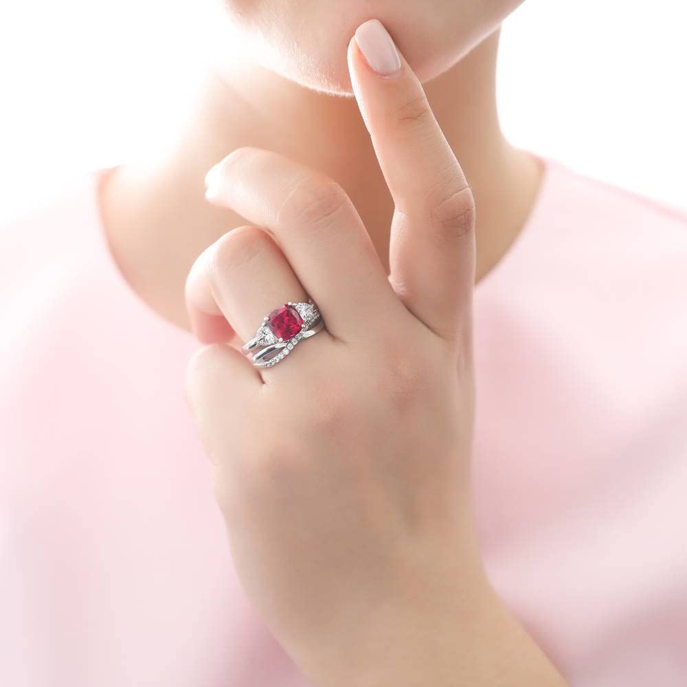 BERRICLE Sterling Silver 3-Stone Wedding Engagement Rings Simulated Ruby Cushion Cut Cubic Zirconia CZ Criss Cross Ring Set for Women, Rhodium Plated Size 7