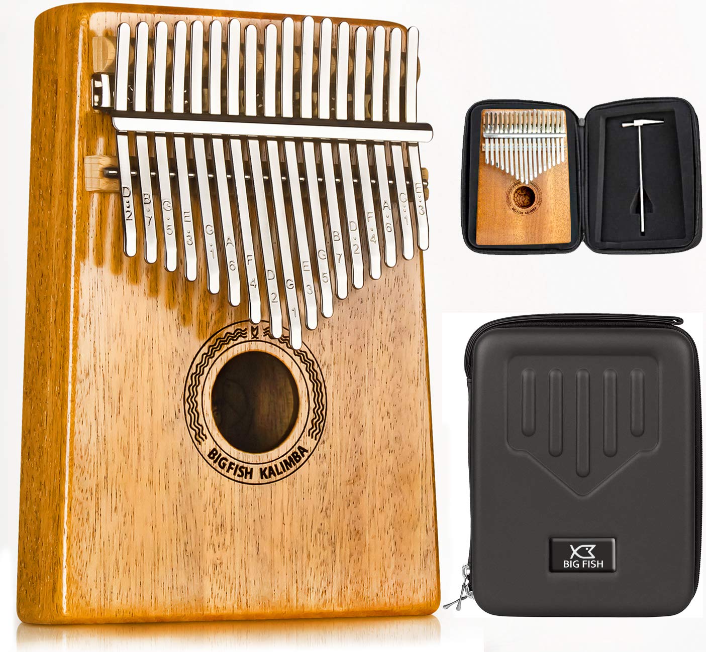 BIGFISH Kalimba thumb piano 17 keys, Solid Wood Board Professional Kalimba, Portable Mbira Finger Piano w/Protective Case, Fast to Learn Songbook, Tuning Hammer, All in One Kit (Mahogany)