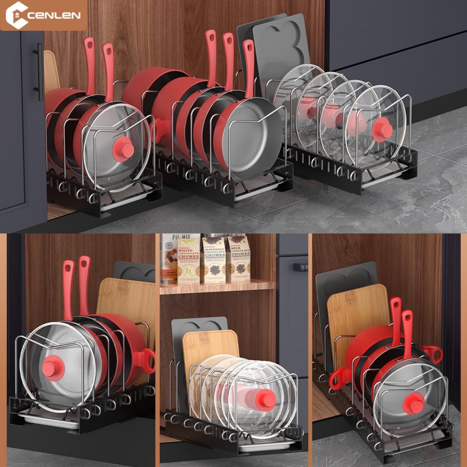 CENLEN Pull Out Pots and Pans Organizer Under Cabinet, Slide Out Pot Lid Organizers Inside Cabinet, Pull Out Lid Holder for Pots and Pans, Sliding Kitchen Cabinet Organizer (Black)