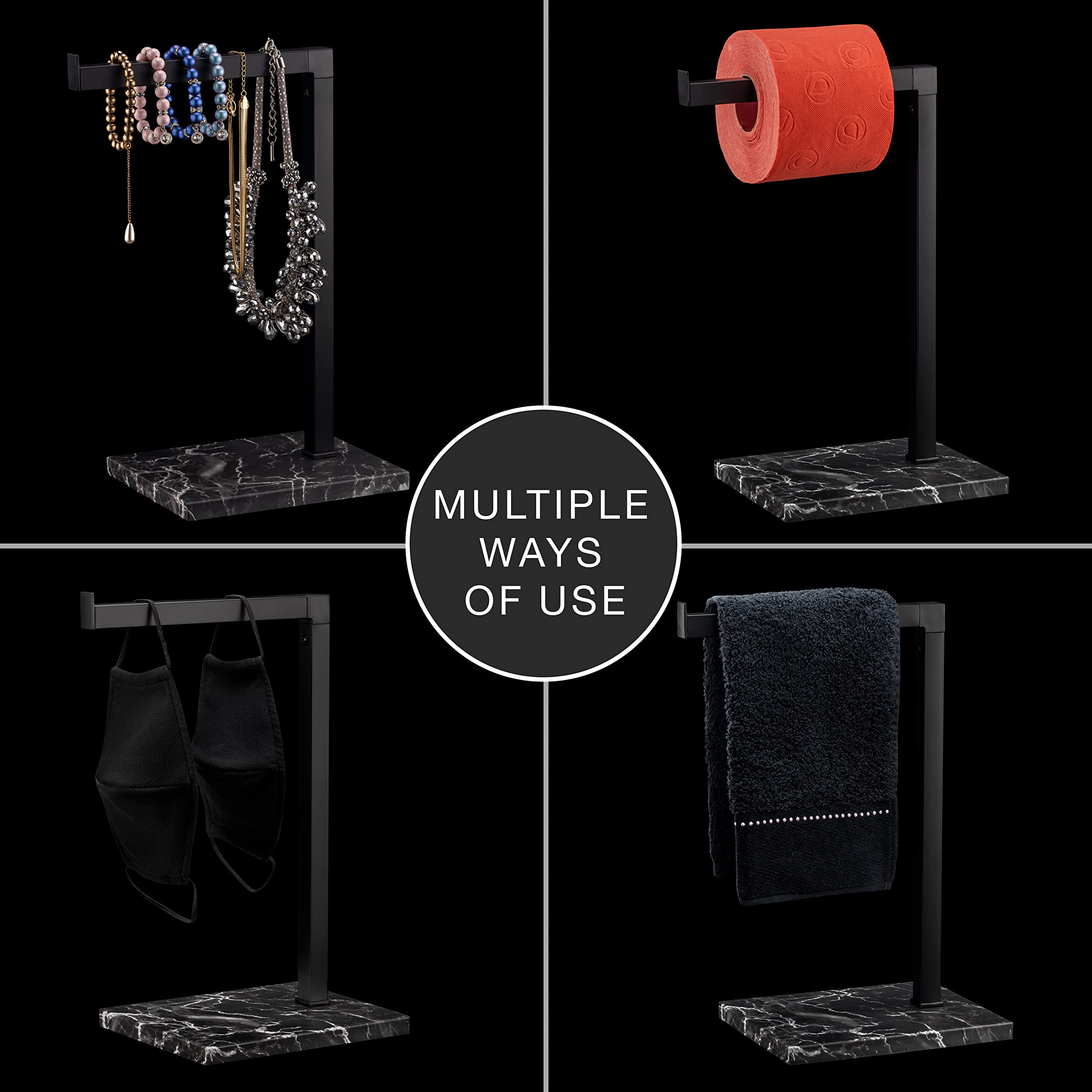 Debodda Modern Hand Towel Stand for Bathroom, Kitchen or Vanity, Height 13.78”, Free Standing Countertop Rack with Marble Balanced Base, Perfect Hand Towel Holder, Dual Washcloth Display, Black Marble