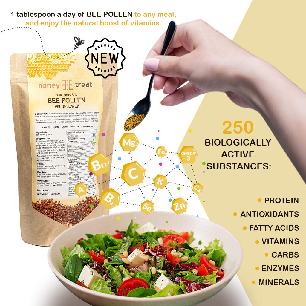 Bee Pollen Granules by Honey Treat- Raw, Pure, Natural, Fresh Wild Bee Pollen- Non GMO- No preservatives- 16 OZ (454g)