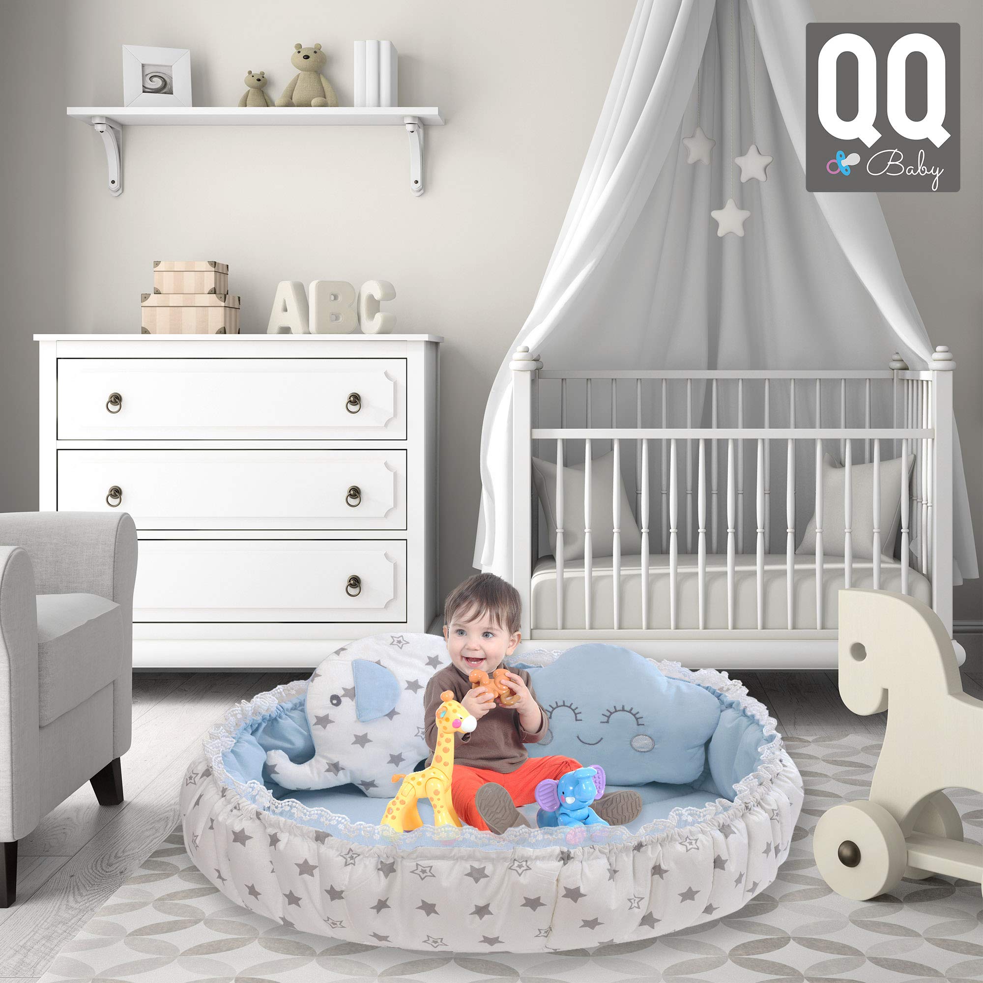 Baby Play Nest Sleeping Bed & Play Mat & Toy Bag | 100% Turkish Cotton | Multi-Functional & Adjustable | 3 Color Variations | 2 Decorative Pillows & Round Shape by QQ Baby