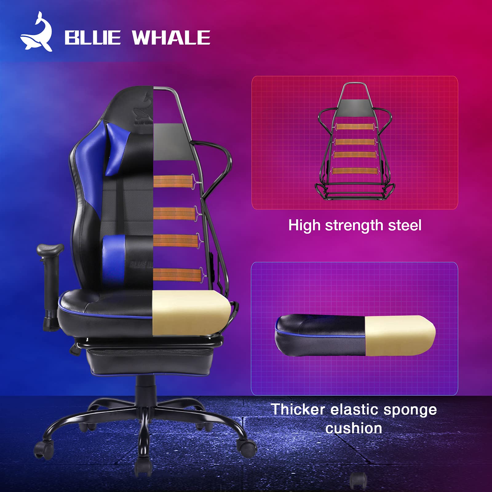 Blue Whale Massage Gaming Chair High Back Racing Computer Desk Chair Swivel Ergonomic Executive Leather Office Chairs with Adjustable Armrests and Footrest