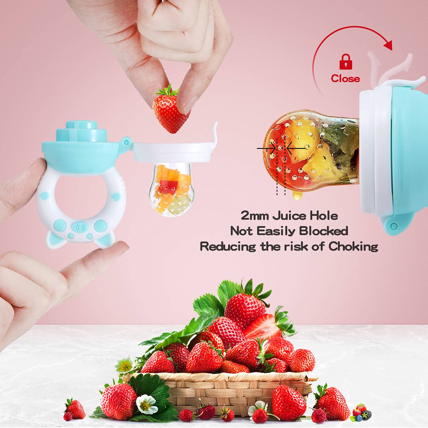 Baby Fruit Food Feeder Pacifier - Fresh Teething Pacifiers, Infant Fruit Teething Teether Toy for 3-24 Months, 6 Pcs Silicone Pouches for Toddlers & Kids & Babies, Piggy Handle 2-Pack (Blue)